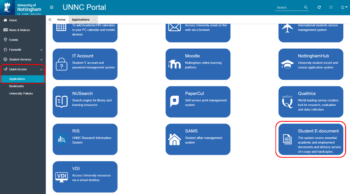 Student E-document Application - University of Nottingham Ningbo China